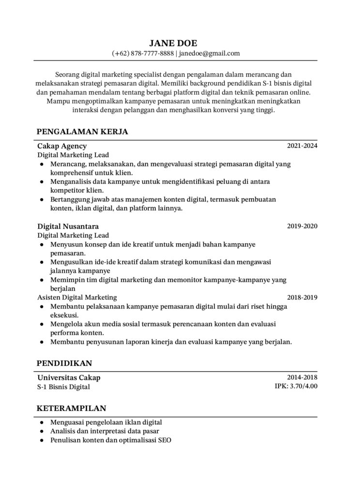 Contoh dan Template CV Lamaran Kerja untuk Berbagai Profesi
